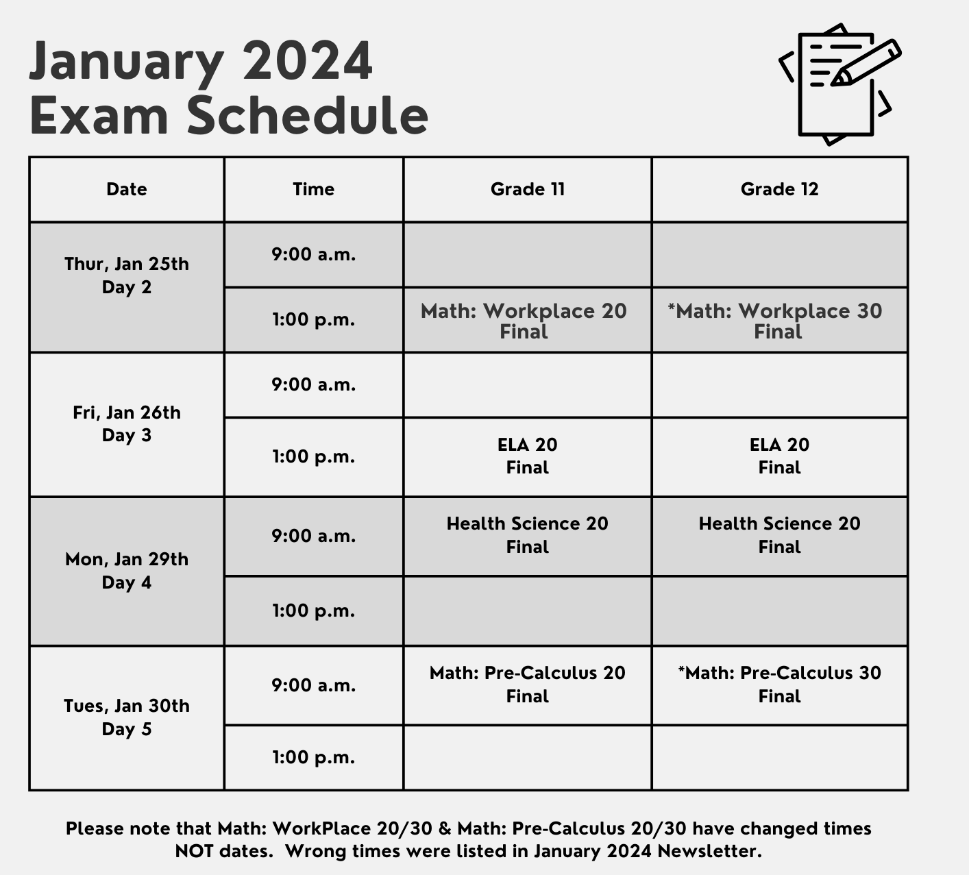 Exam Schedule Our School Schell School