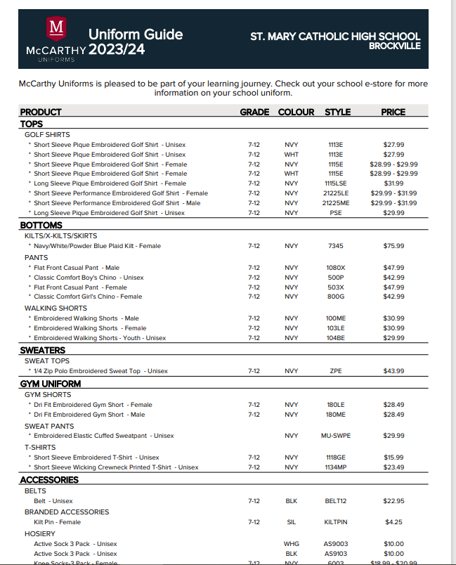 Uniform – Students – St. Mary Catholic High School