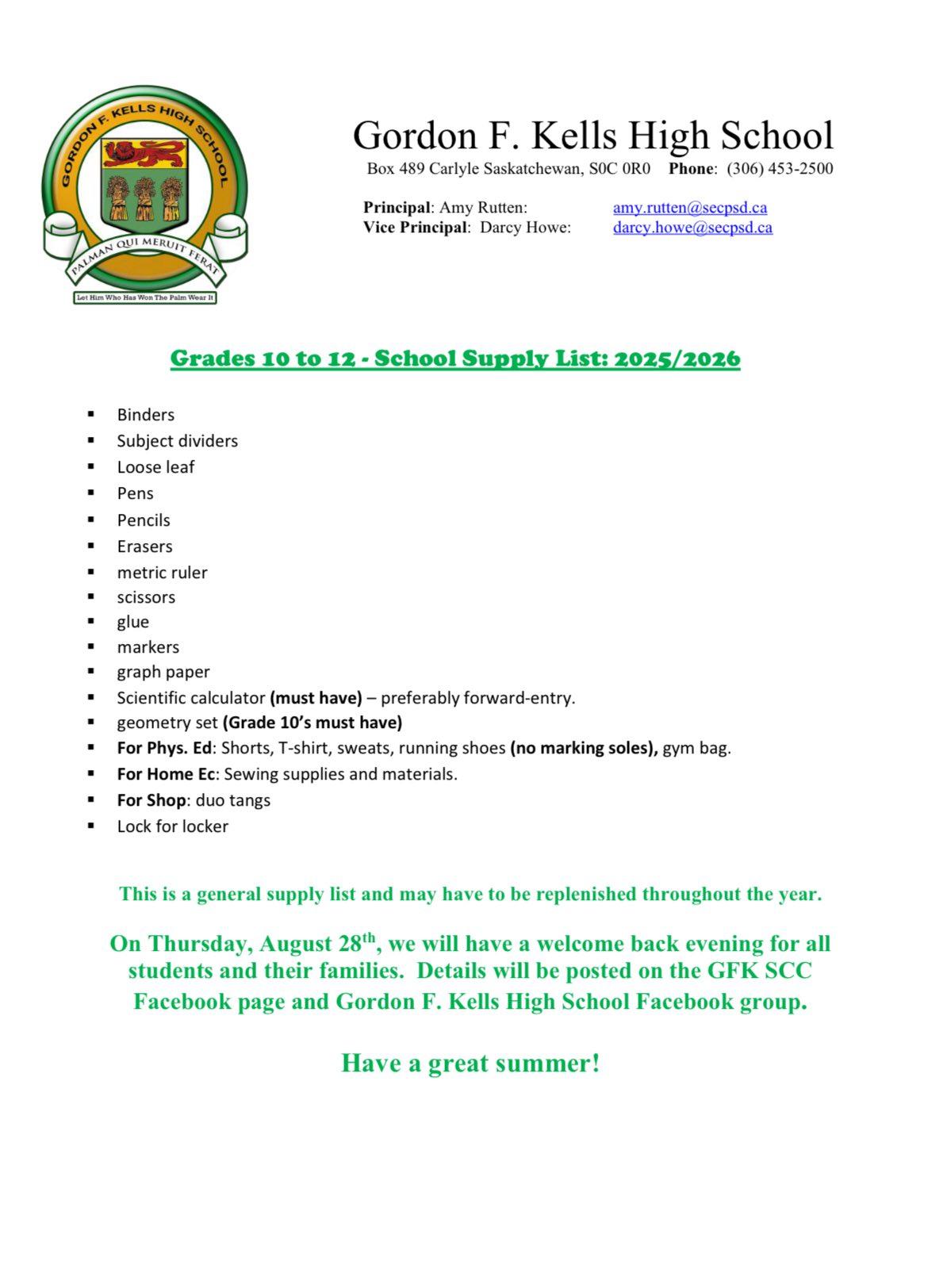 School Supply Lists – School Information – Gordon F. Kells High School